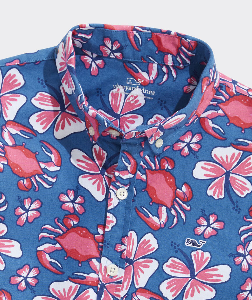 Shop Boys' Stretch Poplin Short-Sleeve Chappy Crab Shirt at vineyard vines